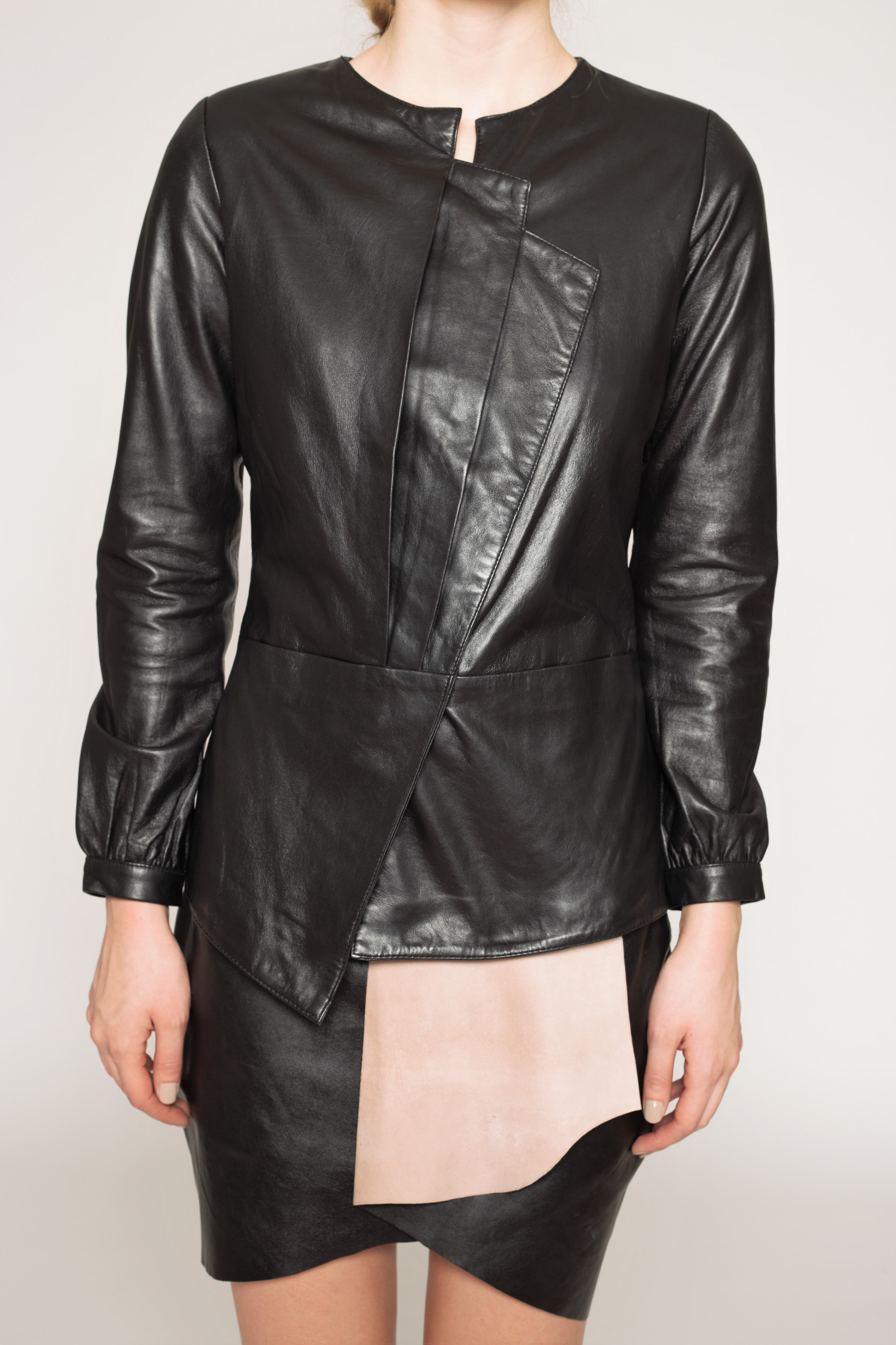 Pleated bust fitted waist leather Jacket – T.Tandon