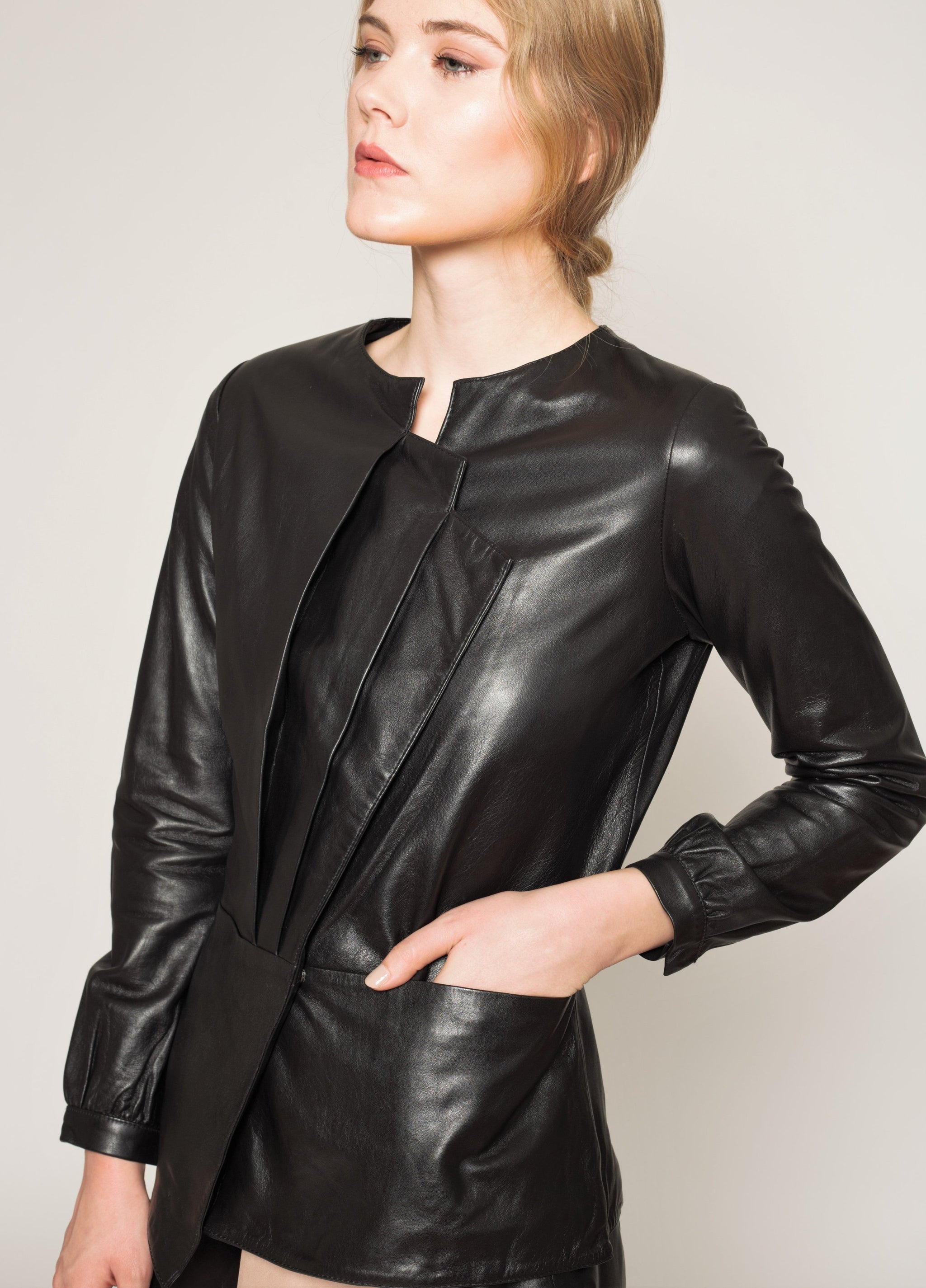 Pleated bust fitted waist leather Jacket – T.Tandon